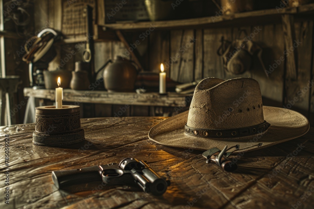 Cowboy hat and revolver on a rustic wooden table in a dimly lit cabin ...