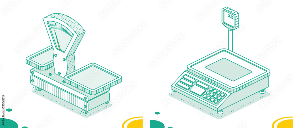 Old mechanical scales. Isometric outline object isolated on white ...