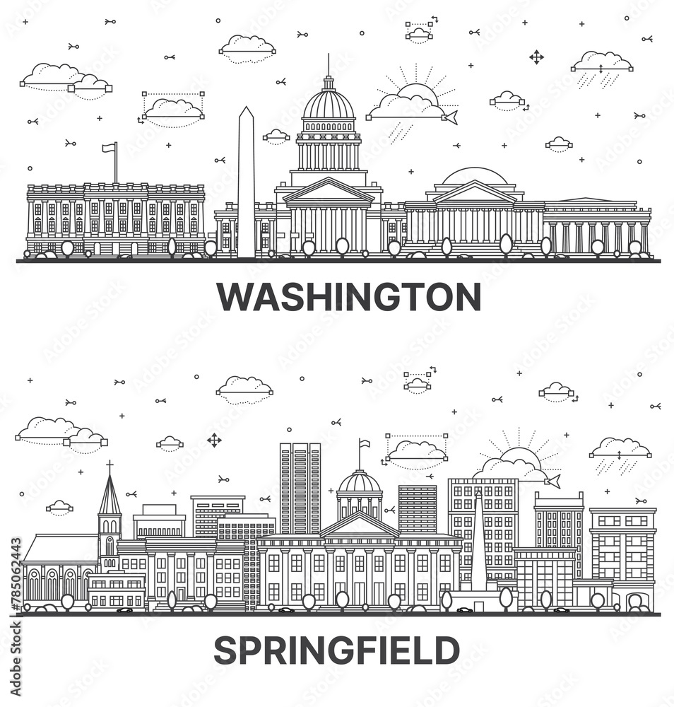 Outline Springfield Illinois and Washington DC City Skyline set with ...