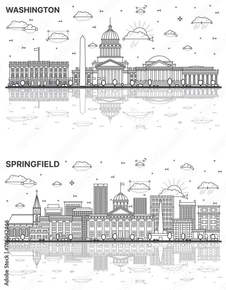 Outline Springfield Illinois and Washington DC City Skyline set with ...