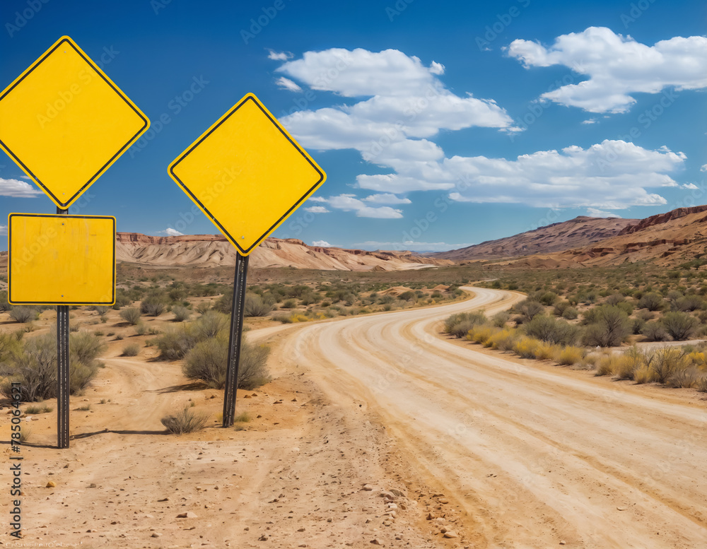 Three yellow blank road signs on the side of a dirt road in a desert ...