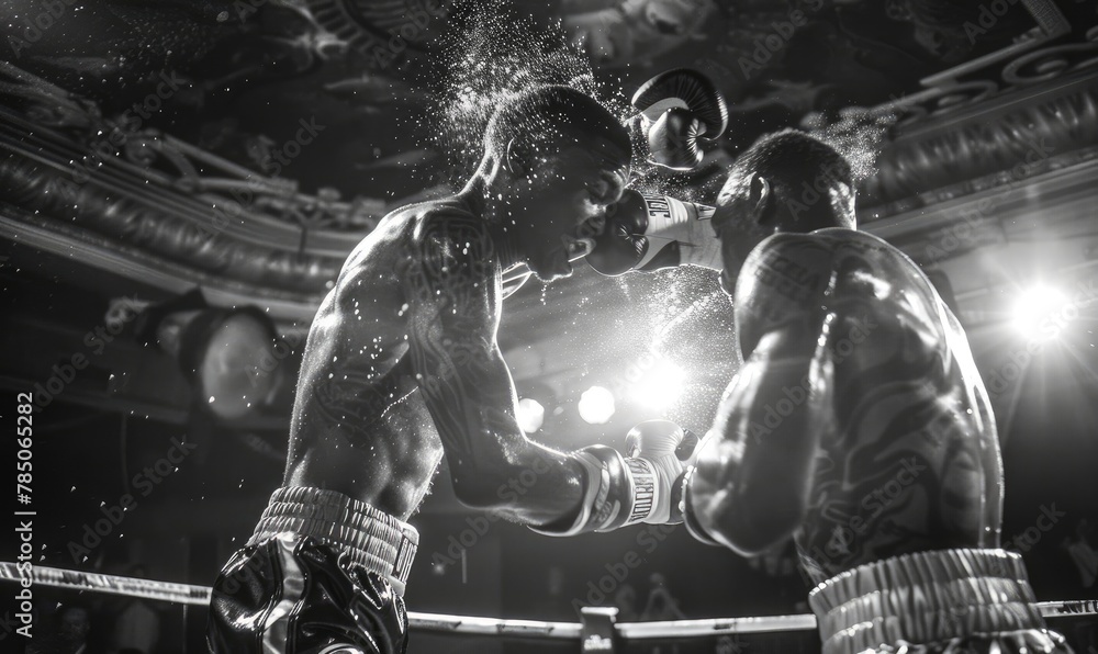 Two boxers engage in an electrifying boxing match, their faces blurred ...