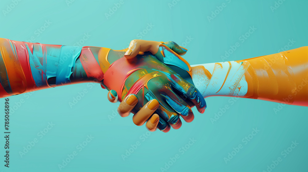 Bright and colorful 3D image of a handshake between digital avatars ...