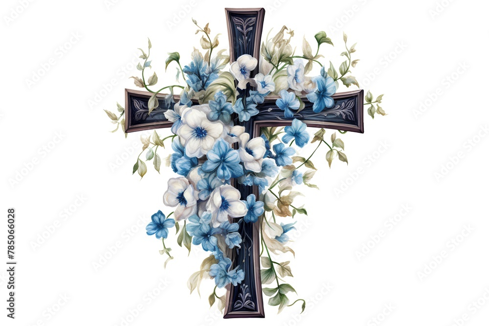 Cross with blue flowers. Hand drawn watercolor illustration on white ...