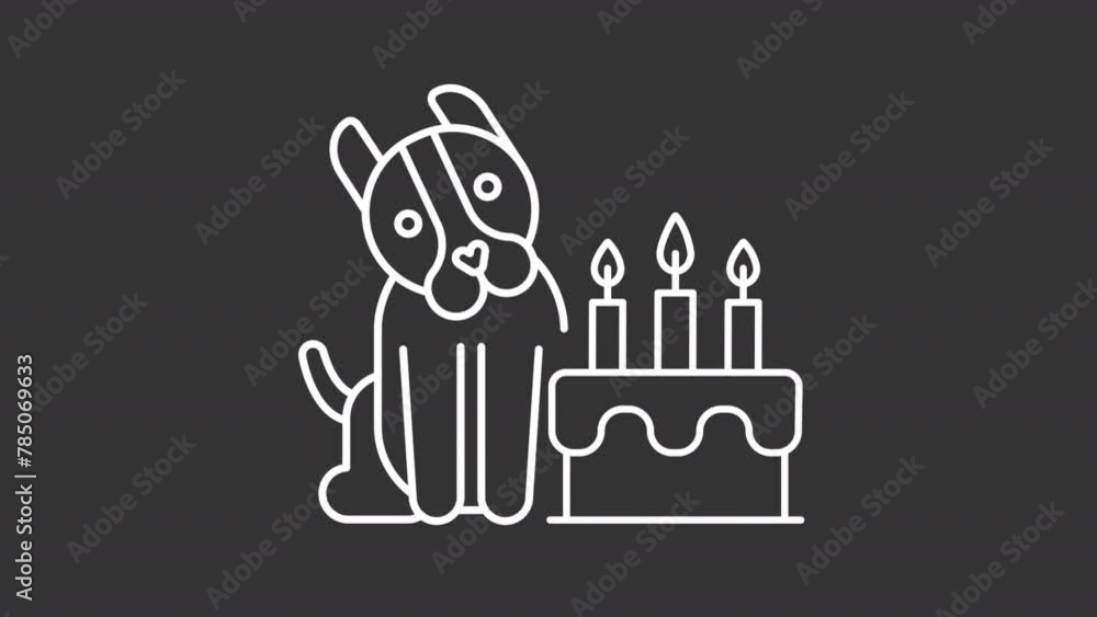 Pet party white line animation. Animated dog with cake icon. Pet ...