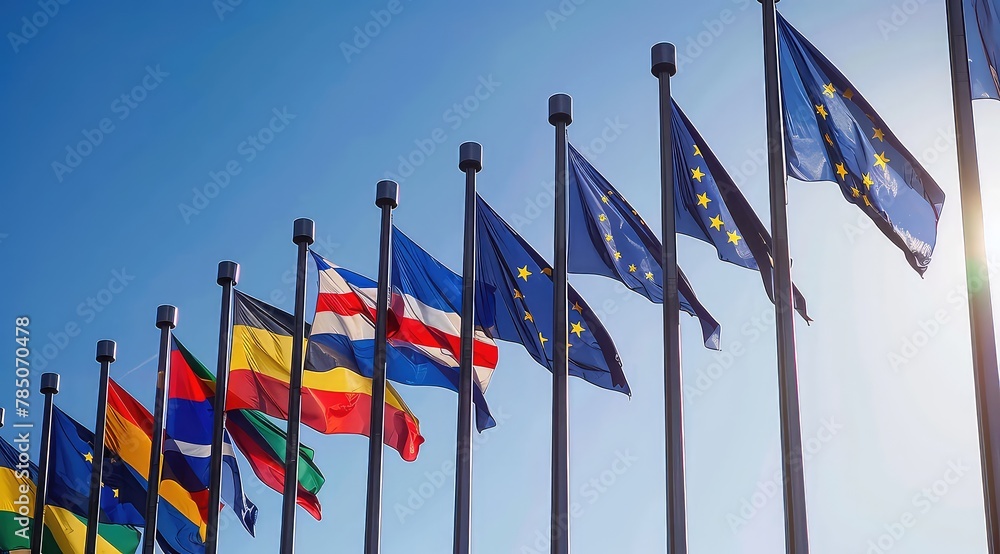 Group of flags of various states - as a symbol of world cooperation ...