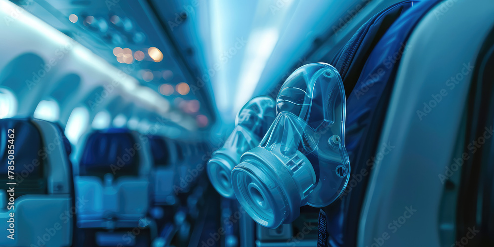 Oxygen emergency masks in an empty airplane cabin. Safety rules for ...