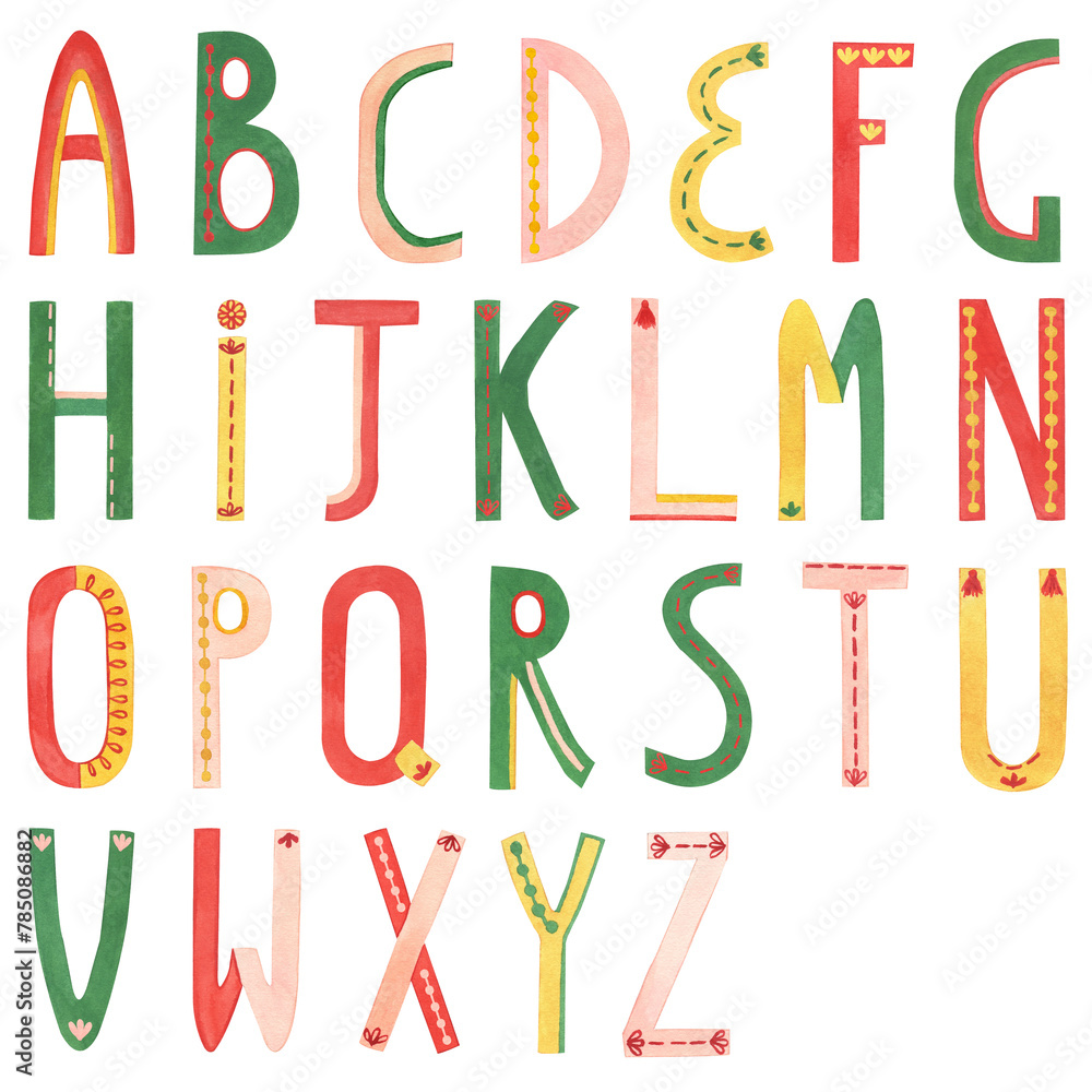 Watercolor funny english alphabet. All letters. Red, orange, green ...