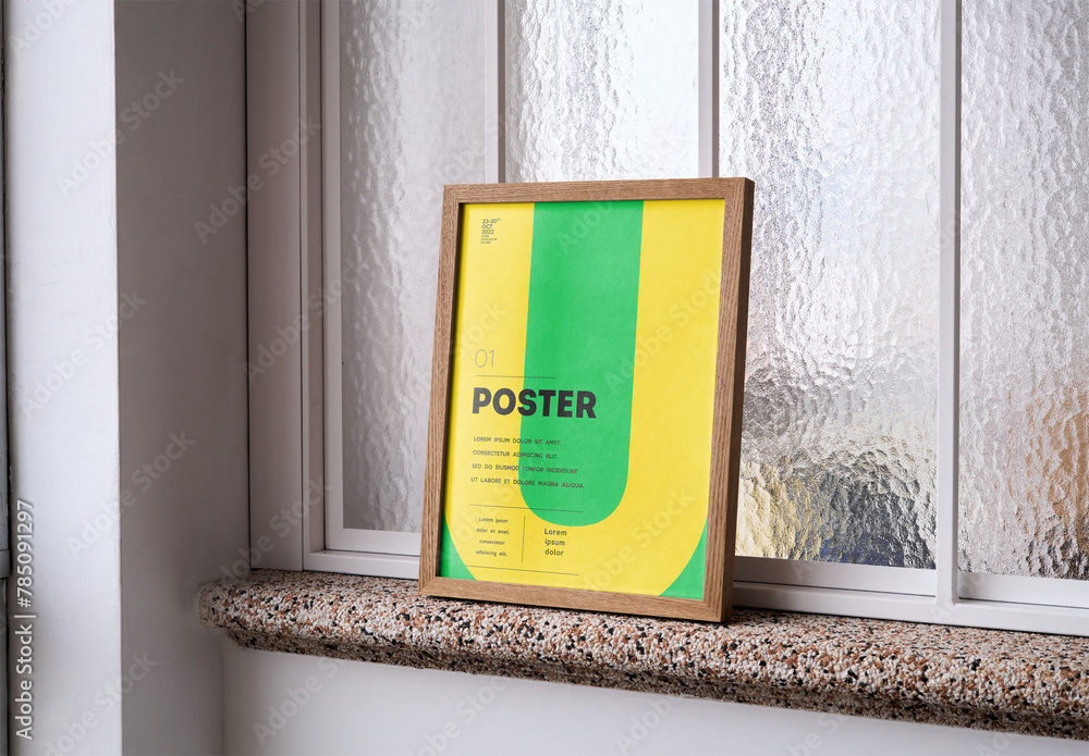 Mockup of vertical wooden customized poster frame on shelf Stock ...