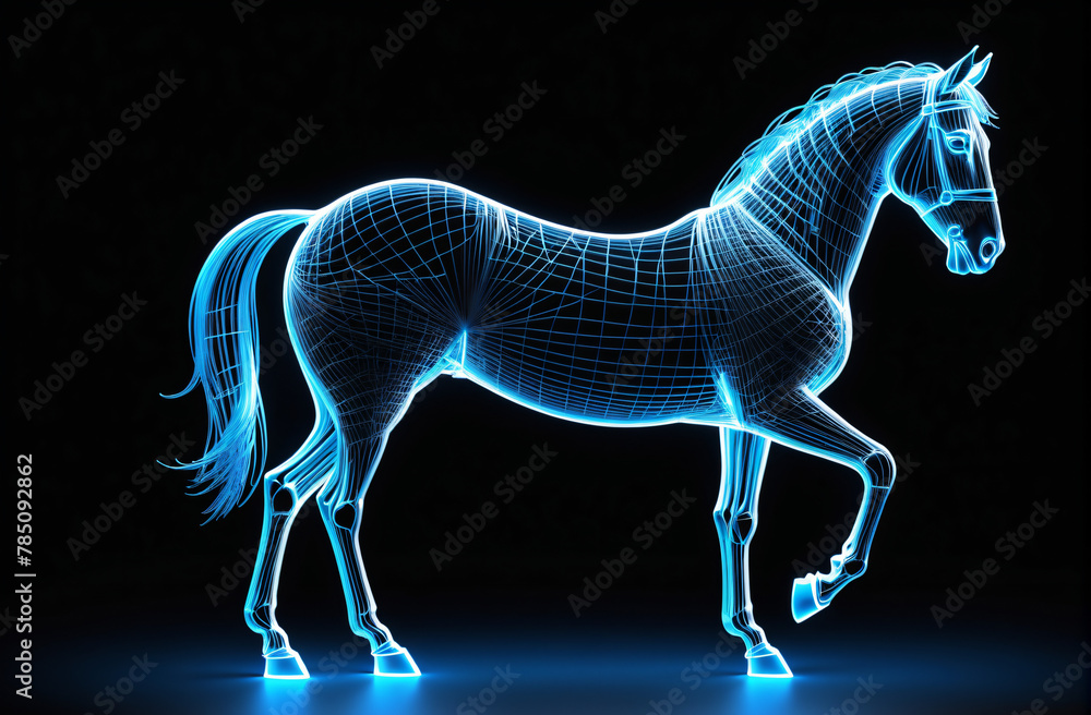 3D wireframe model, horse figure, glowing outline, black background ...