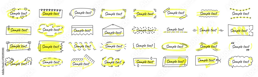 Set of frames for text in hand drawn style. The effect of a yellow ...