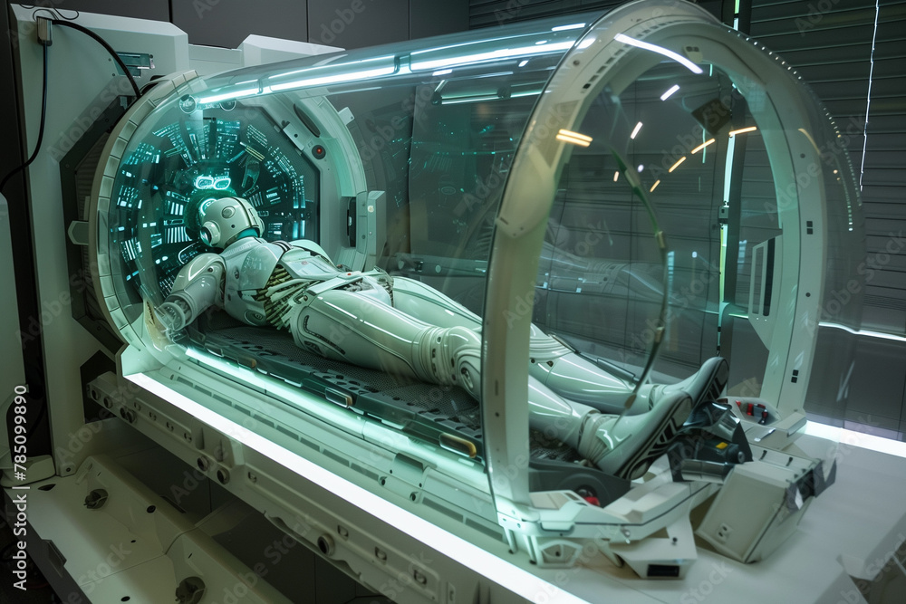 Cryogenic glass capsule with humanoid robot. science laboratory. Stock ...