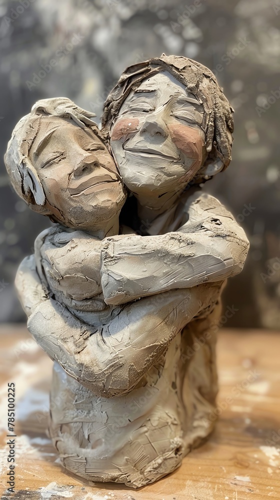 Clay sculpture depicting a heartfelt moment of gratitude, capturing the ...