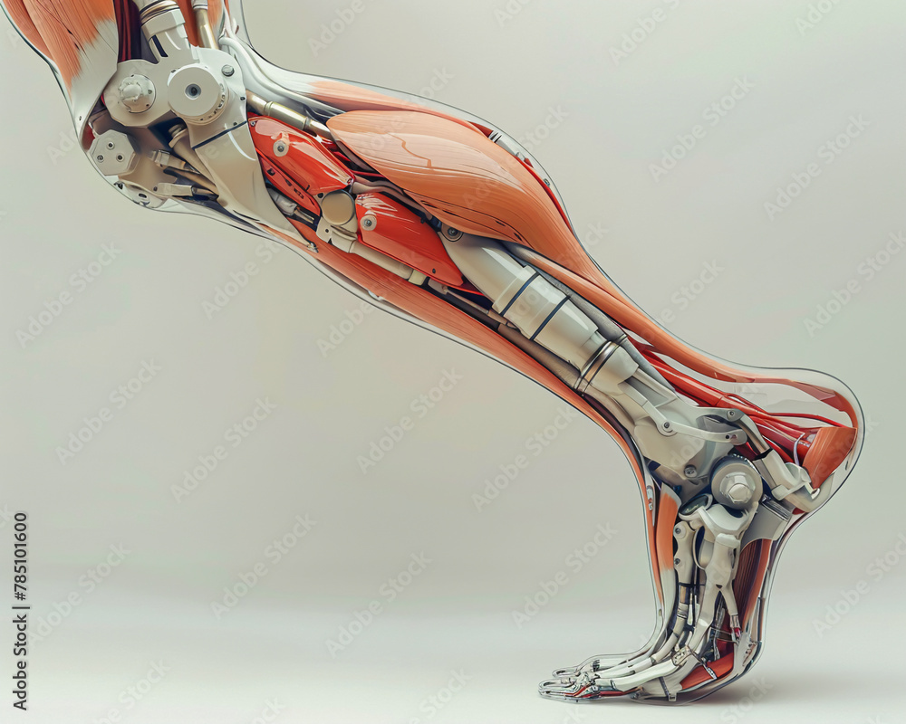 A human leg in midstride, with muscles transitioning into engine parts ...