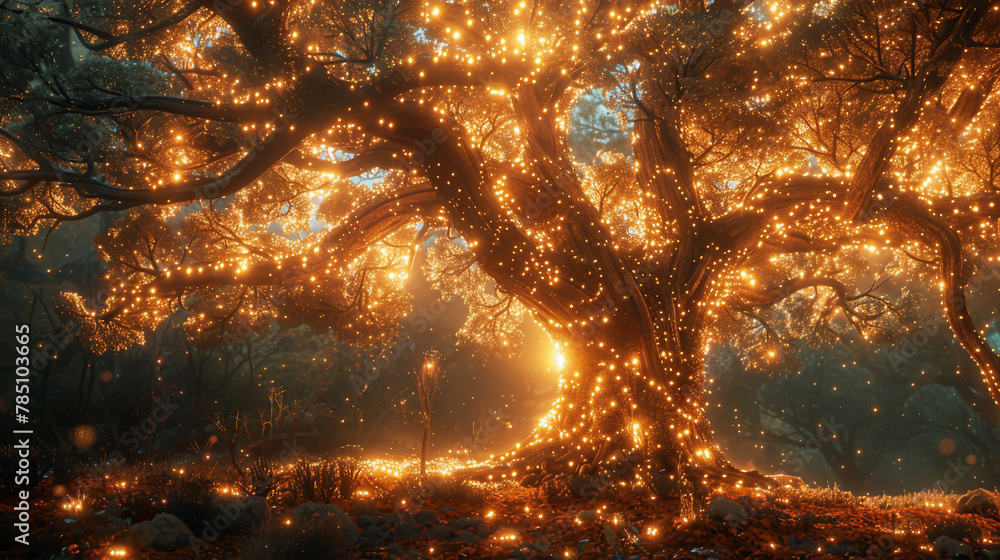 An ancient tree with pixelated bark, its leaves fractal designs that ...