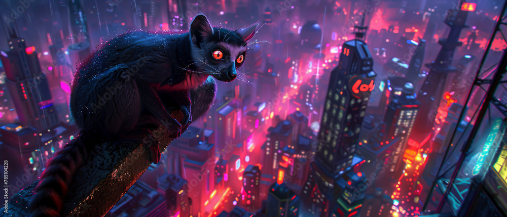 Cyberpunk ringtailed lemurs, their tails wired with LED lights ...