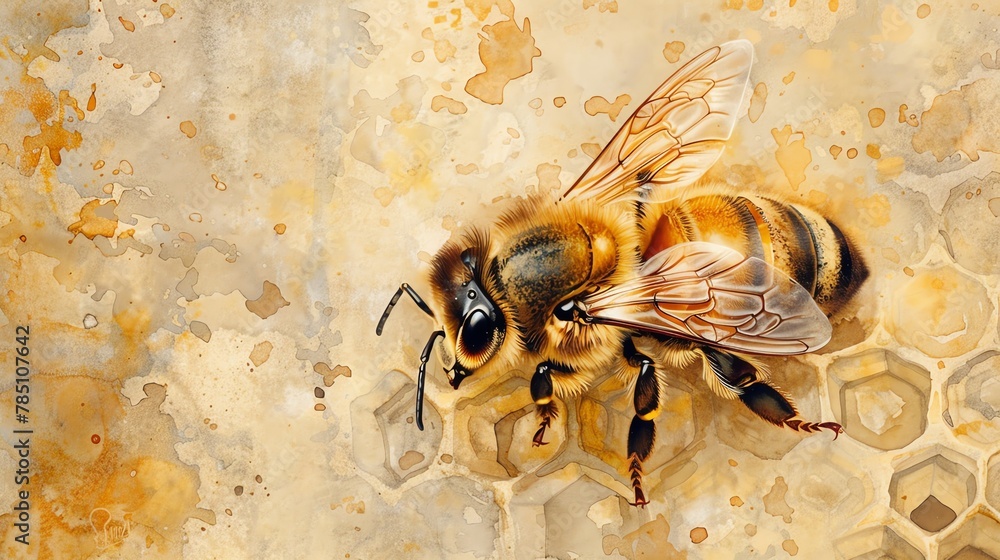 Design a bee seen from a top-down perspective, elegantly gliding over a textured honeycomb in a ...