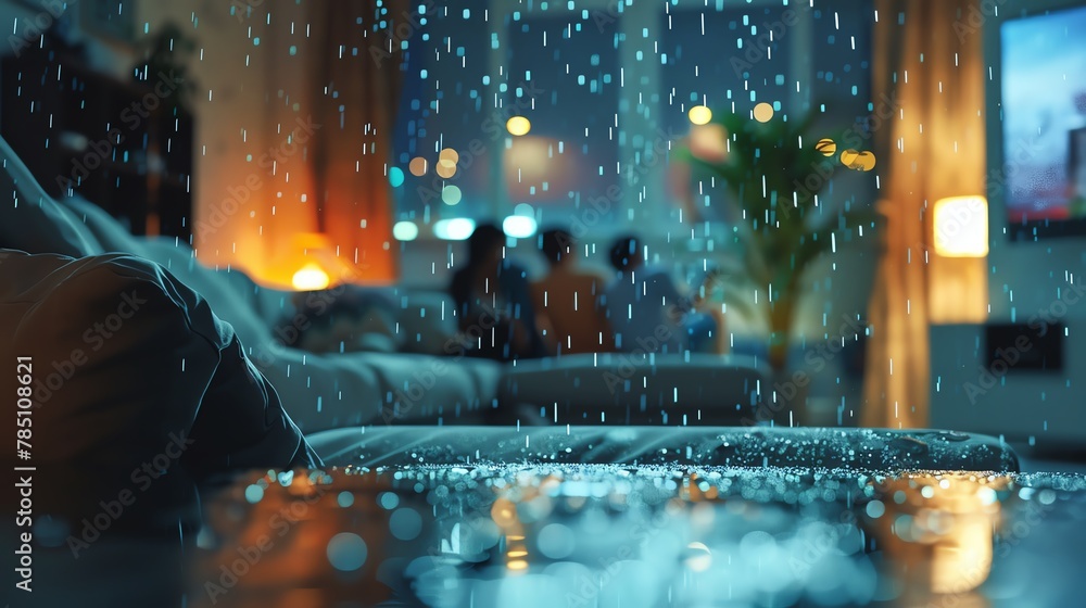 A family is sitting on the couch watching TV. The room is dark and the ...