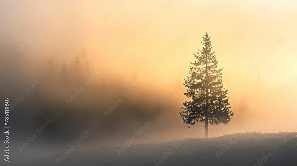 Sunbeam through mist, lone tree, close-up, eye-level view, minimalist ...