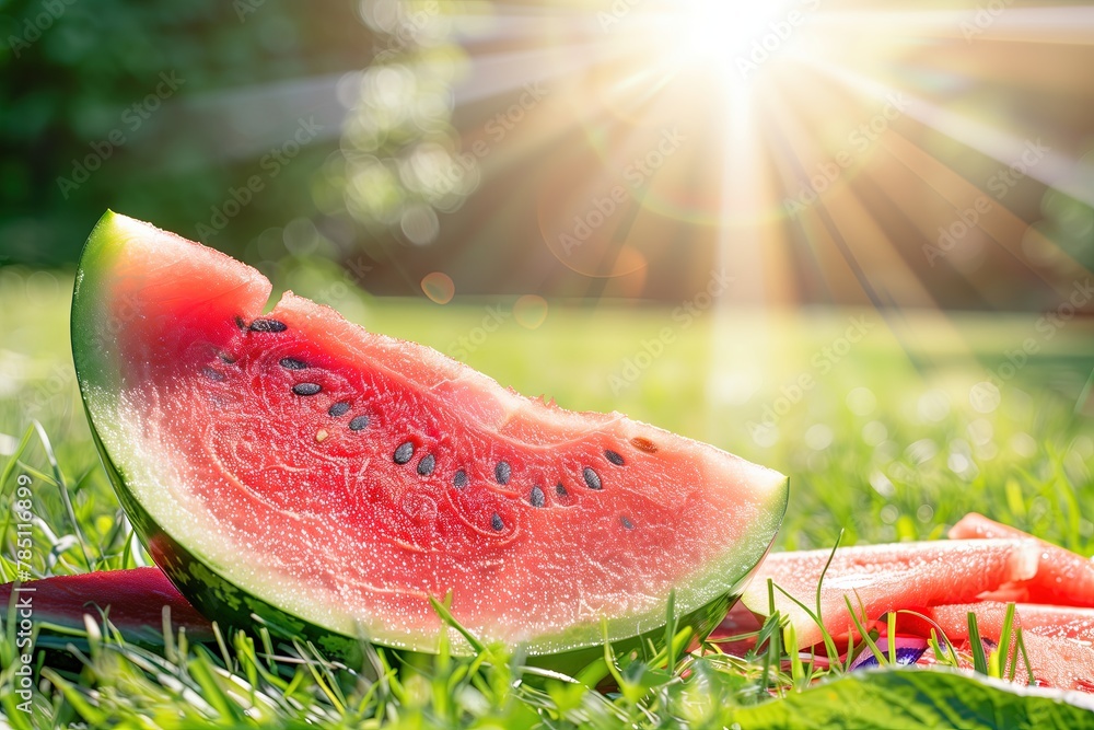 Watermelon slice on green grass with sun flare background. Summer ...