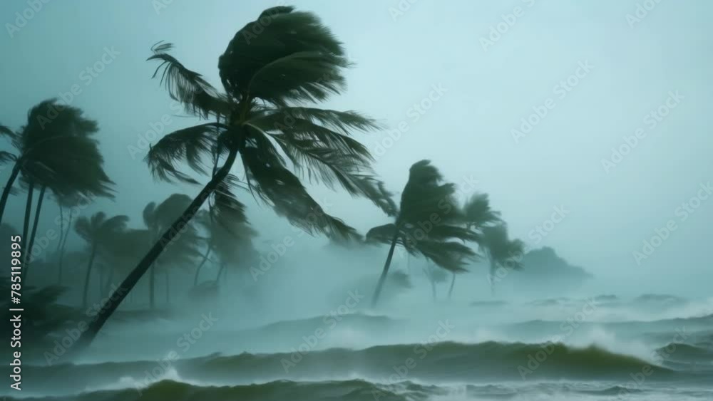 Extreme weather conditions. Very strong wind blows palm trees on island ...
