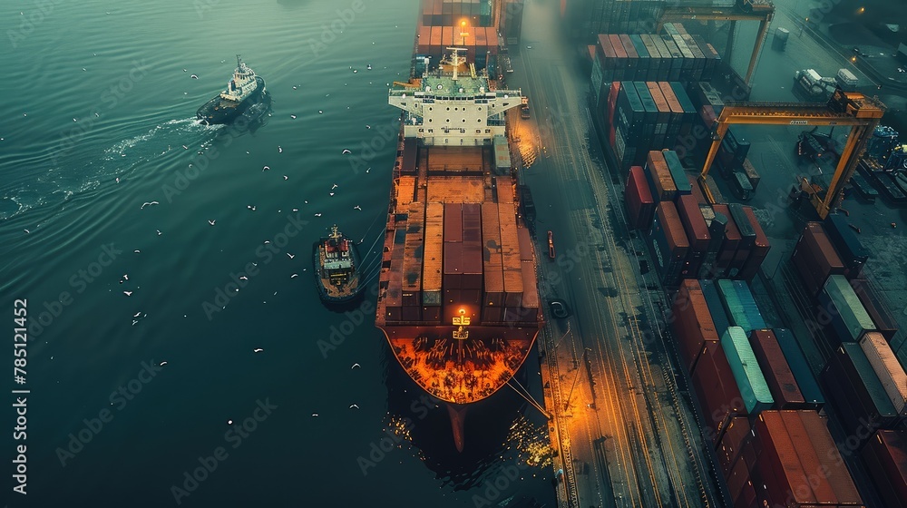 Aerial view of a cargo ship loading and unloading at a port with ...