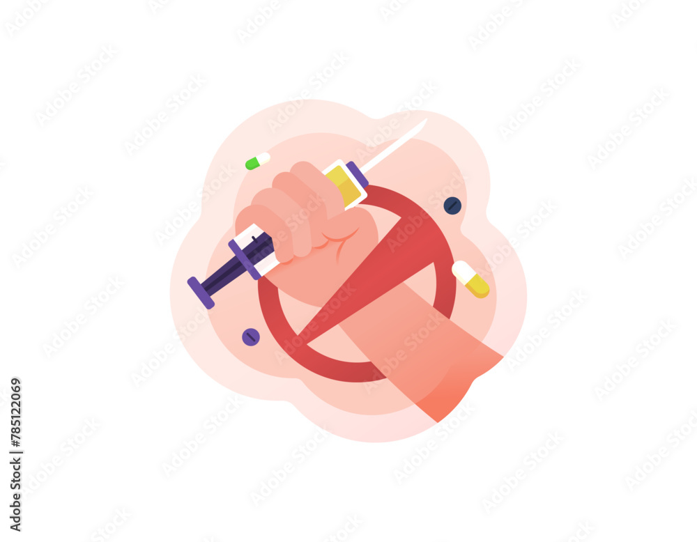 Illustration of a hand grasping a syringe with a prohibition mark. The ...