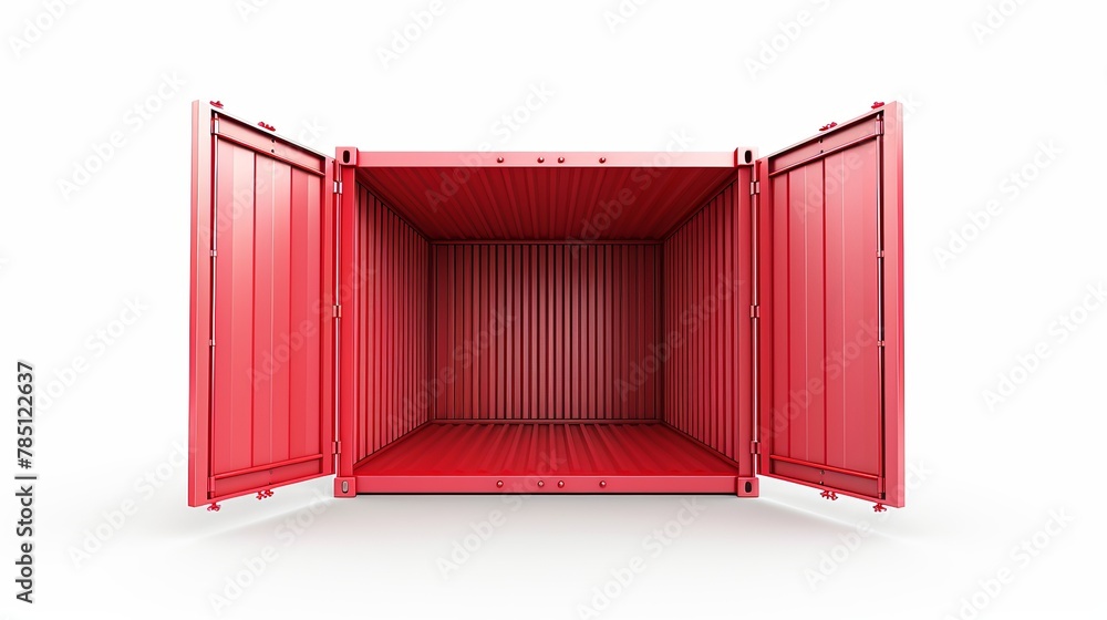 Open, empty, red shipping container side view isolated on a white ...