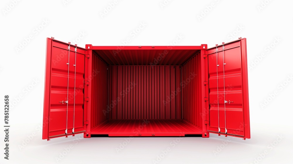 Open, empty, red shipping container side view isolated on a white ...