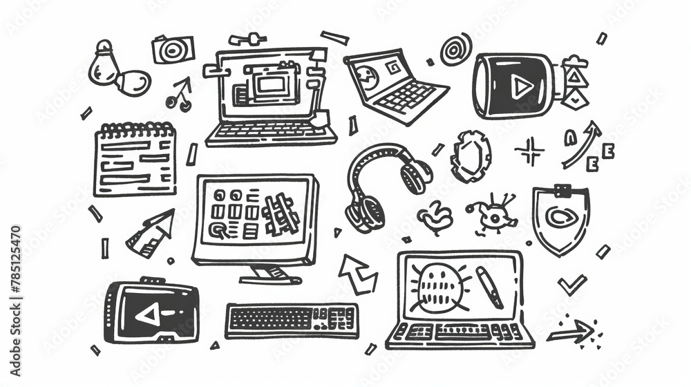 Programming Doodle Icons Algorithm Flow To Design Software Computer Monitor With Code