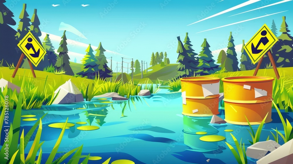 Angular modern illustration showing a dirty swamp or lake with toxic ...