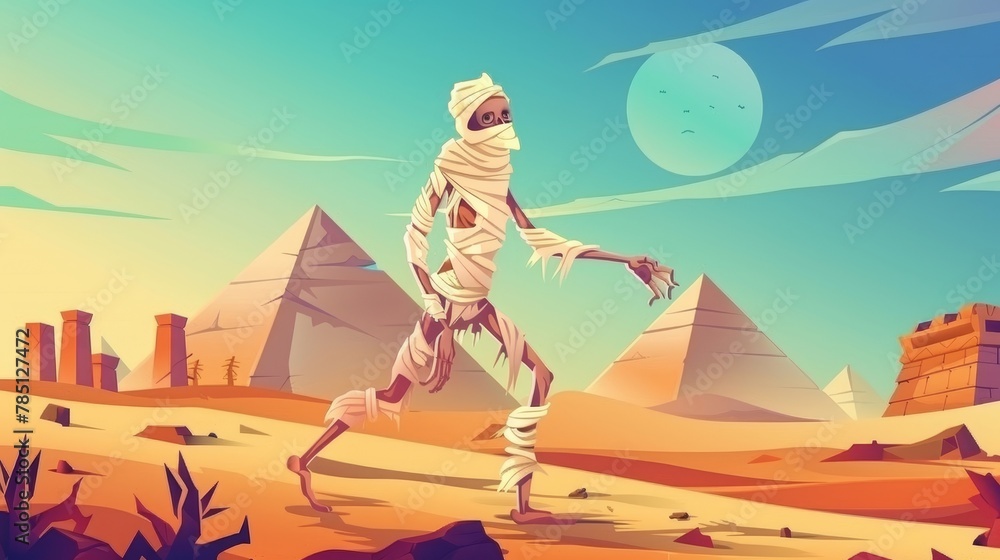 Illustration of a creepy, walking zombie with bandages in an Egyptian ...