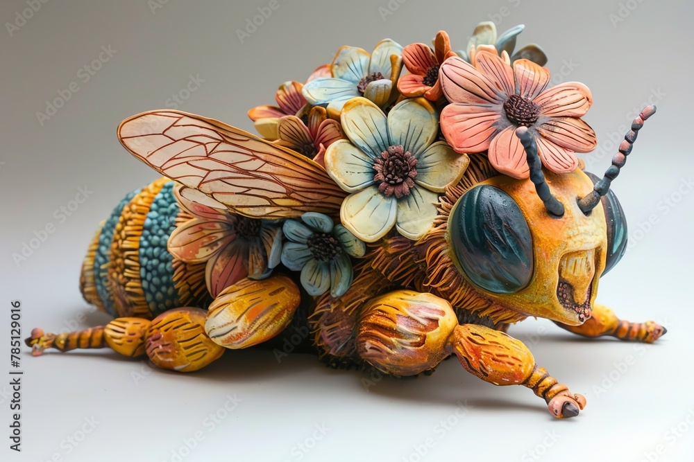 Design a whimsical clay sculpture of a birds-eye view Bee donning a ...