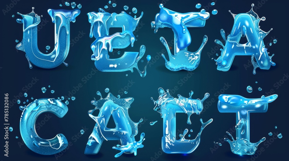 Liquid letters in the shape of water. Clear blue water or gel drops in ...