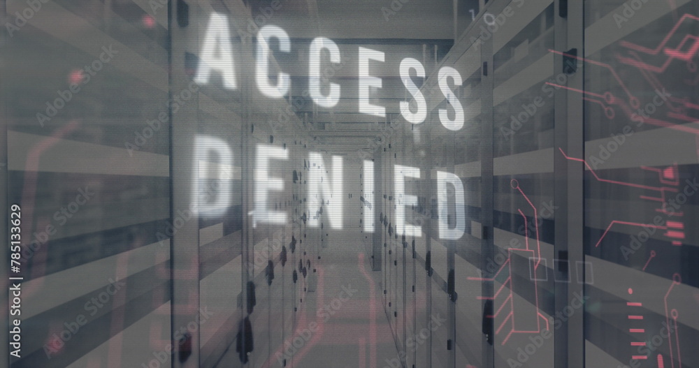 Image Of Access Denied Text In Circuit Board Pattern And Binary Codes Over Bars On Server Room