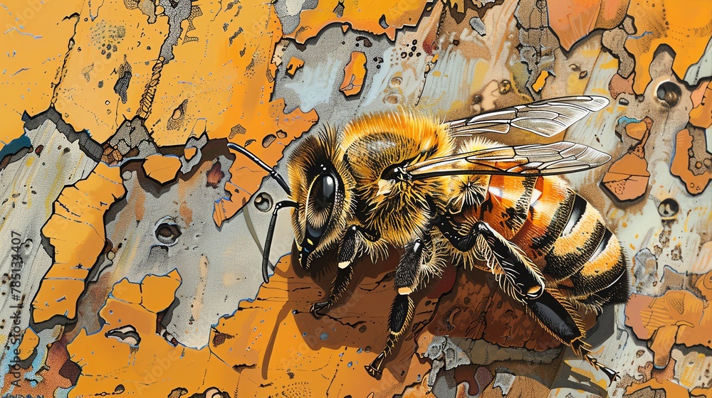 Illustrate a birds-eye perspective of a bee meticulously examining a ...
