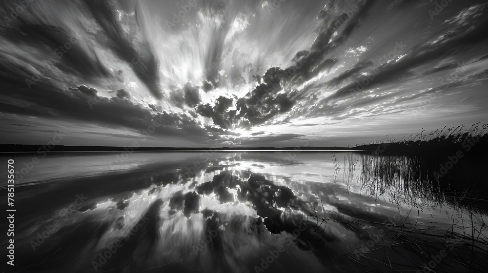 AI generated illustration of a lake mirroring the cloudy sunset sky in ...