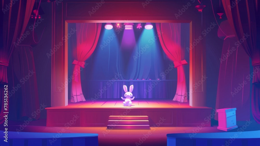 The puppet show stage modern background shows rabbit, fox, and bunny as ...