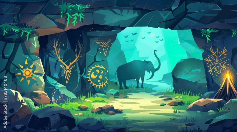 The wall of a prehistoric cave has animal drawings on it, and there are ...