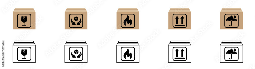 Packaging symbols are installed on the cardboard box. Collection of ...