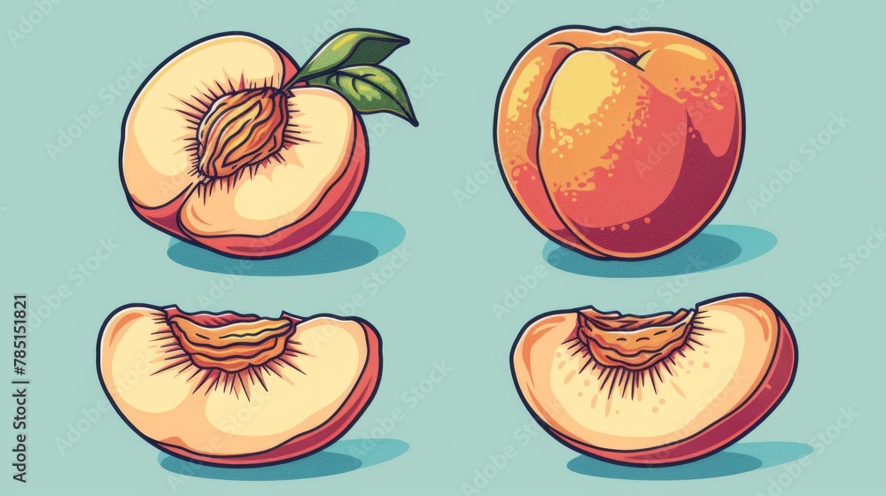 Retro embroidery patch that features sliced white peaches, a whole ...