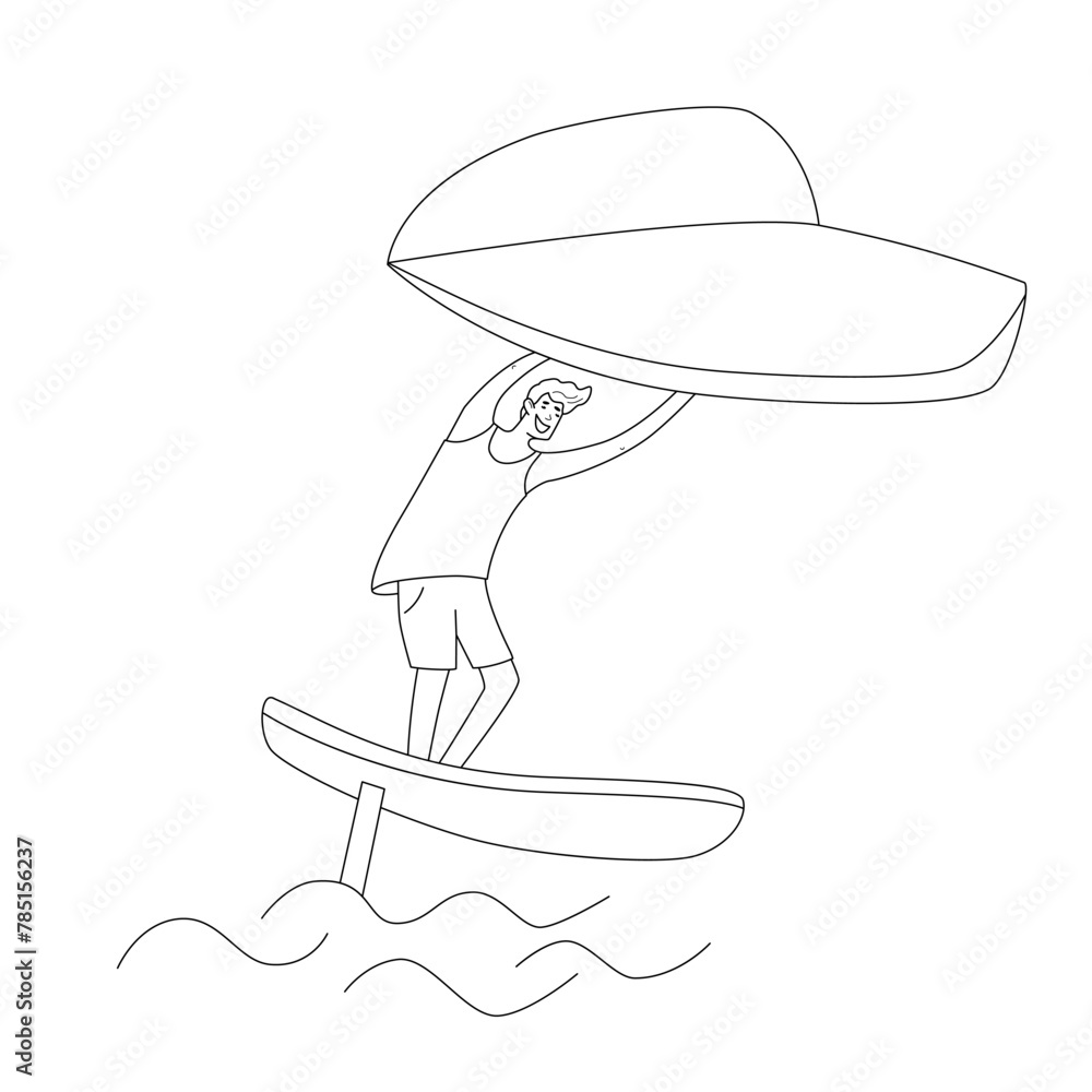 Man standing on a board, holds onto a wing and moves the board across ...