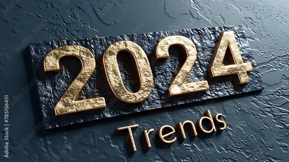 "2024 Trends" text in elegant gold lettering against a classic black ...