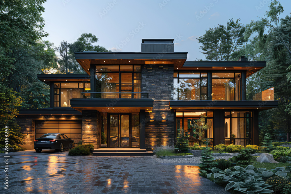 Small modern house with large glass windows and doors, covered outdoor ...