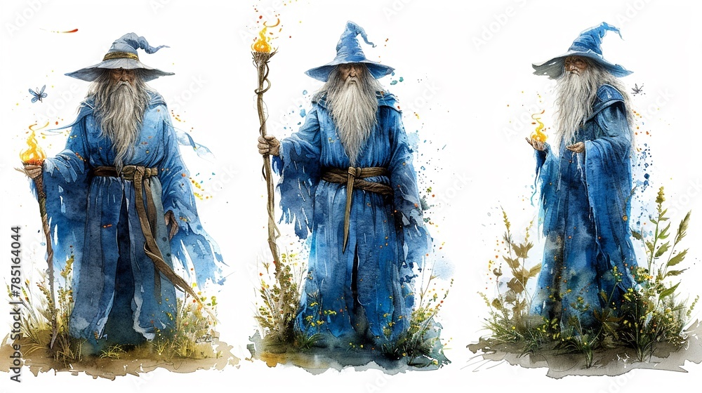 Watercolor scene of a wise old wizard conjuring a spell with summer ...