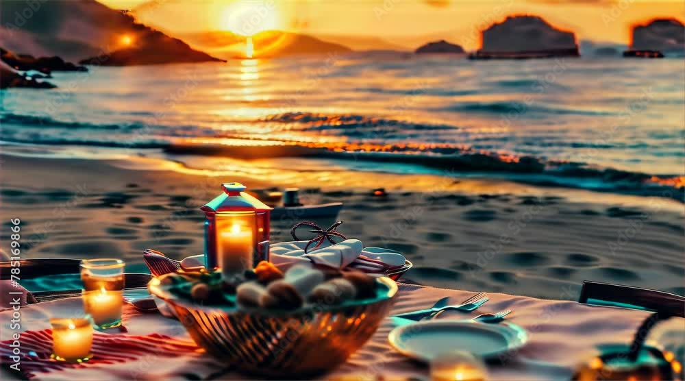 An intimate candlelit picnic setup on the beach, with a breathtaking ...