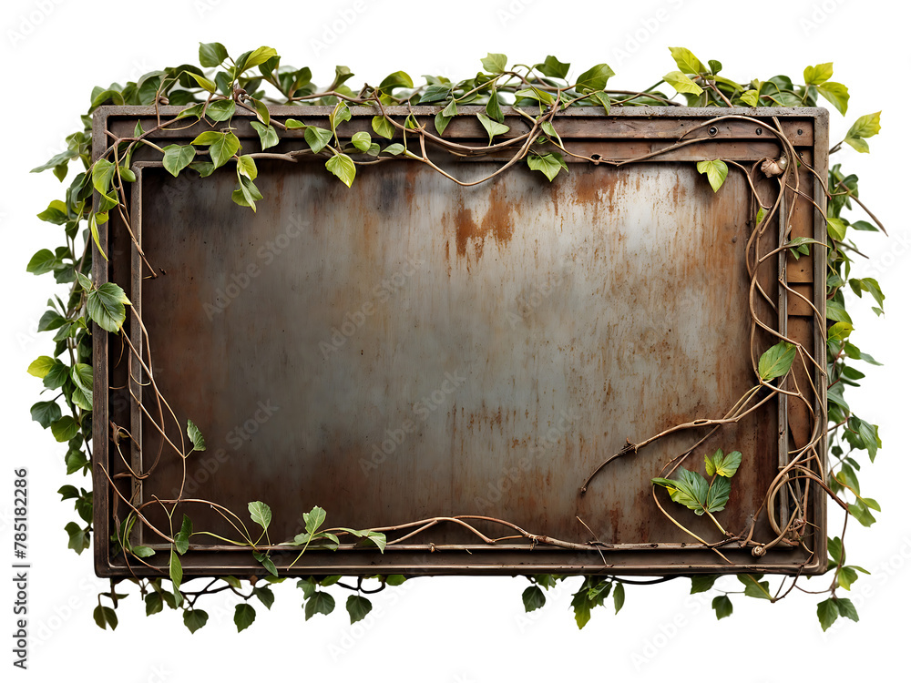 Weathered blank rusted metal sign overgrown with vines and foliage on a ...