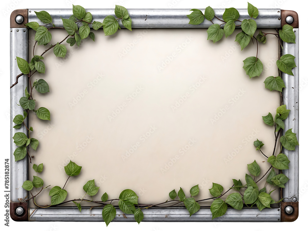 Weathered blank rusted metal sign overgrown with vines and foliage on a ...