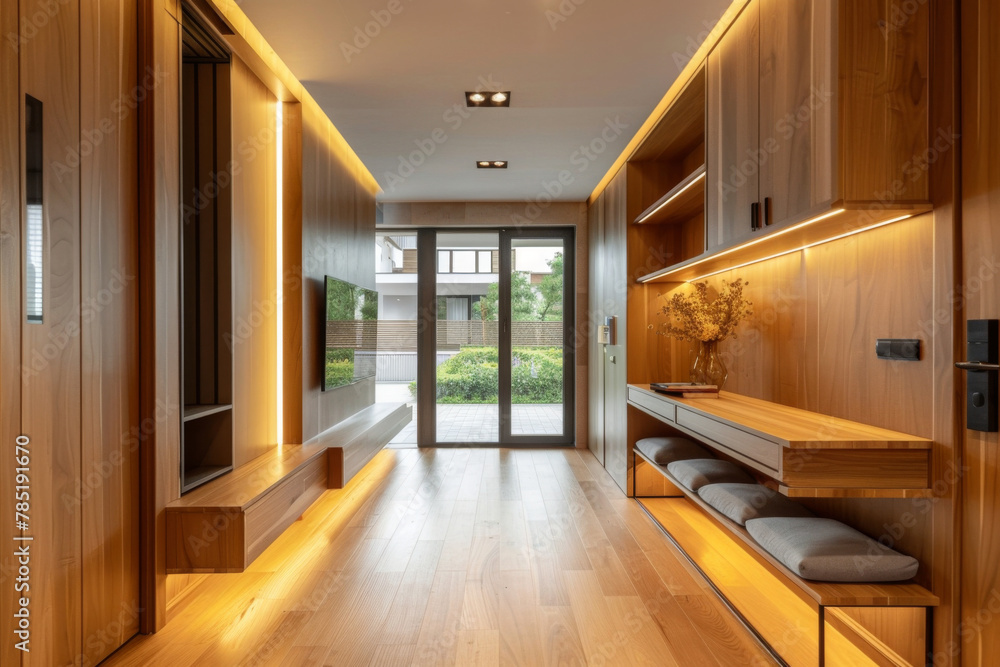 Interior stylish modern wooden entrance hallway decor with cozy wooden ...
