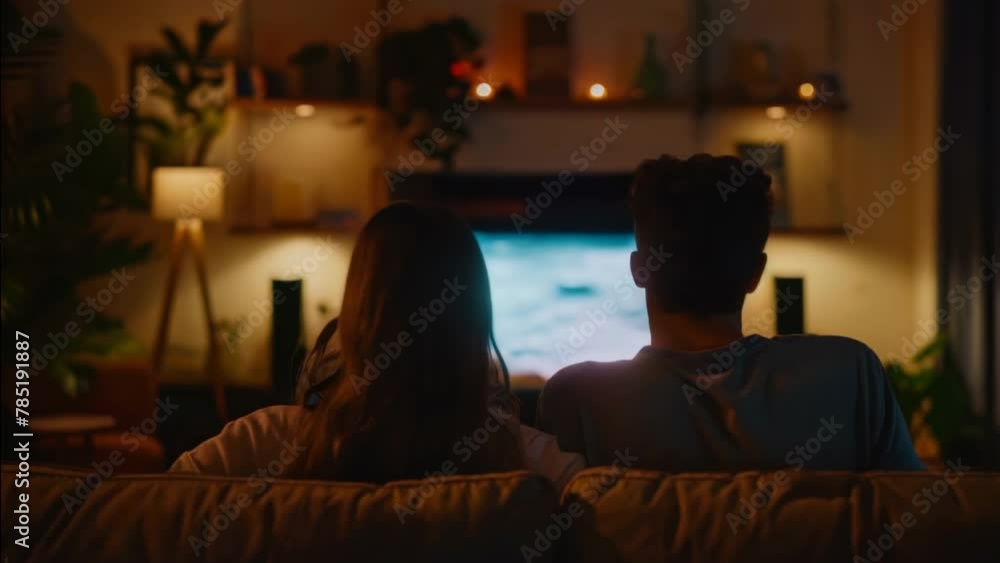 Vidéo Stock Romantic couple watch tv together at home. Modern ...